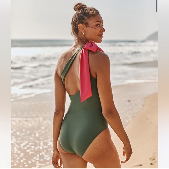 summersalt | Swim | Summersalt The Bowshoulder Ruched Sidestroke Greenpink One Piece Swimsuit ...